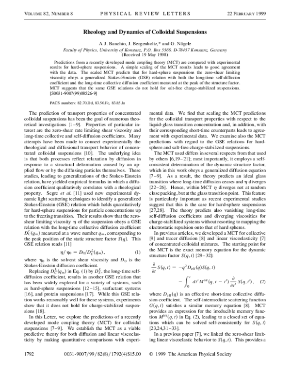 (PDF) Rheology and Dynamics of Colloidal Suspensions