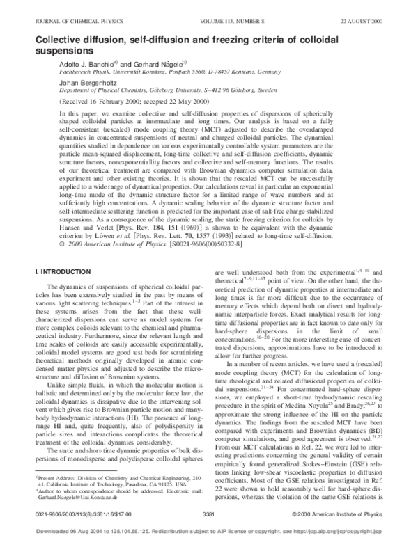 (PDF) Collective diffusion, self-diffusion and freezing criteria of colloidal suspensions