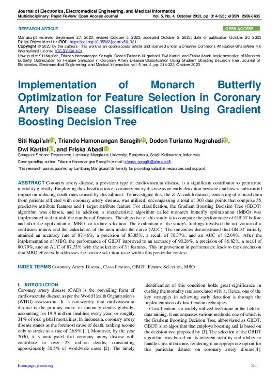 (PDF) Implementation of Monarch Butterfly Optimization for Feature Selection in Coronary Artery ...