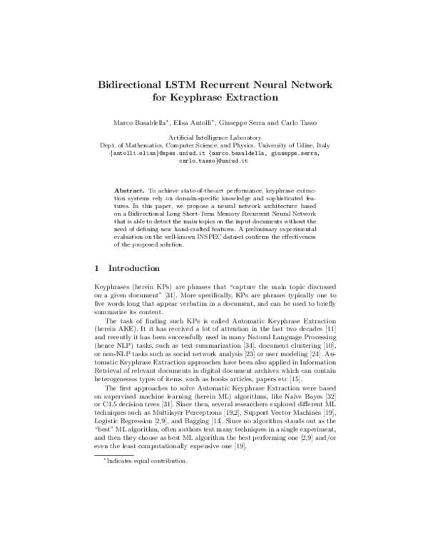 Pdf Bidirectional Lstm Recurrent Neural Network For Keyphrase Extraction
