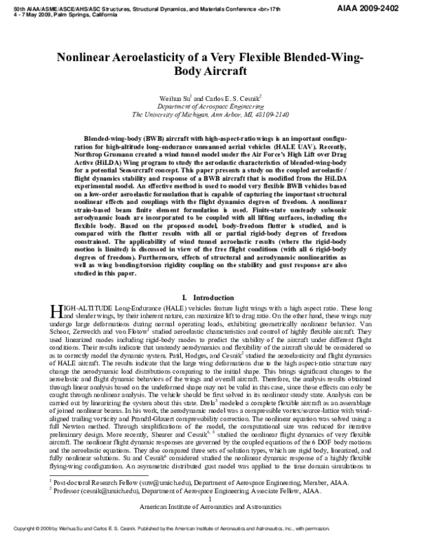 (PDF) Nonlinear Aeroelasticity of a Very Flexible Blended-Wing-Body Aircraft