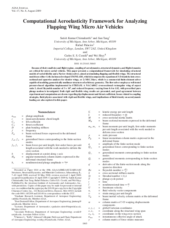 (PDF) Computational Aeroelasticity Framework for Analyzing Flapping Wing Micro Air Vehicles