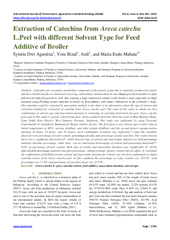 (PDF) Extraction of Catechins from Areca catechu L.Peel with different Solvent Type for Feed ...