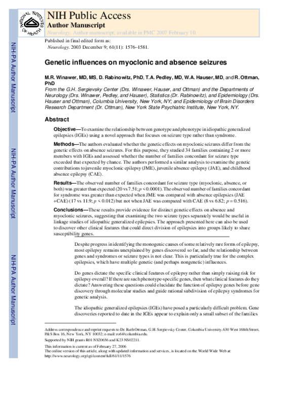 (PDF) Genetic influences on myoclonic and absence seizures
