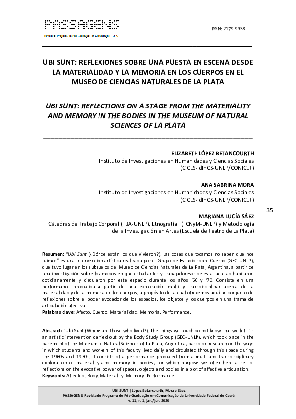 (PDF) UBI SUNT: reflexiones sobre una puesta en escena desde la materialidad y la memoria en los ...