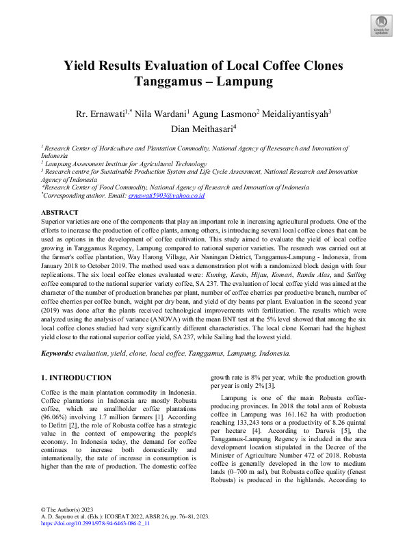 (PDF) Yield Results Evaluation of Local Coffee Clones Tanggamus – Lampung