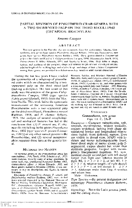 (PDF) Partial Revision of Pinnotherid Crab Genera with a Two-Segmented ...