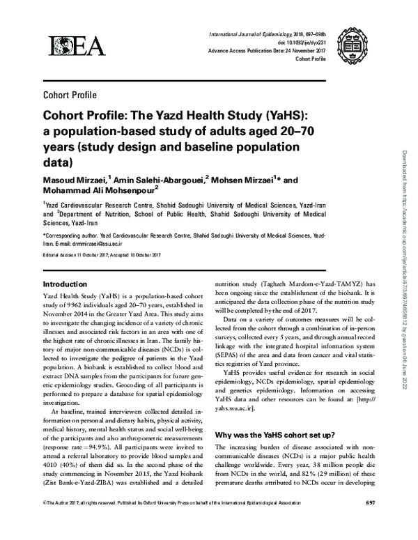 (PDF) Cohort Profile: The Yazd Health Study (YaHS): a population-based ...