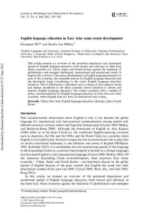 (PDF) Hu, G., & McKay, S. (2012). English language education in East ...