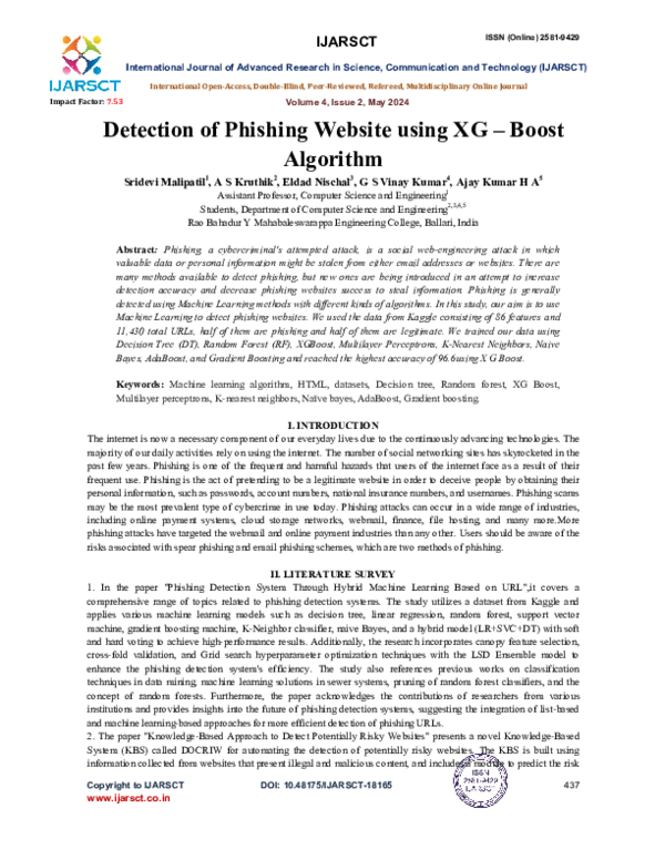 (PDF) Detection of Phishing Website using XG – Boost Algorithm