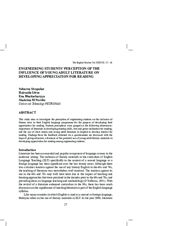 (PDF) Engineering Students'Perception of the Influence of Young Adult Literature on Developing ...