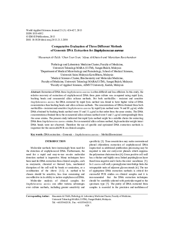 Pdf Comparative Evaluation Of Three Different Methods Of Genomic Dna Extraction For