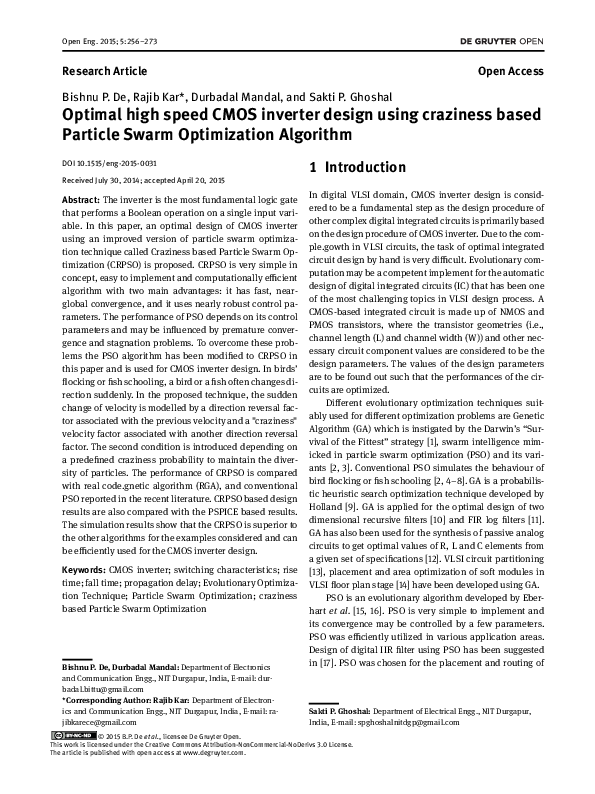 (PDF) Optimal high speed CMOS inverter design using craziness based Particle Swarm Optimization ...