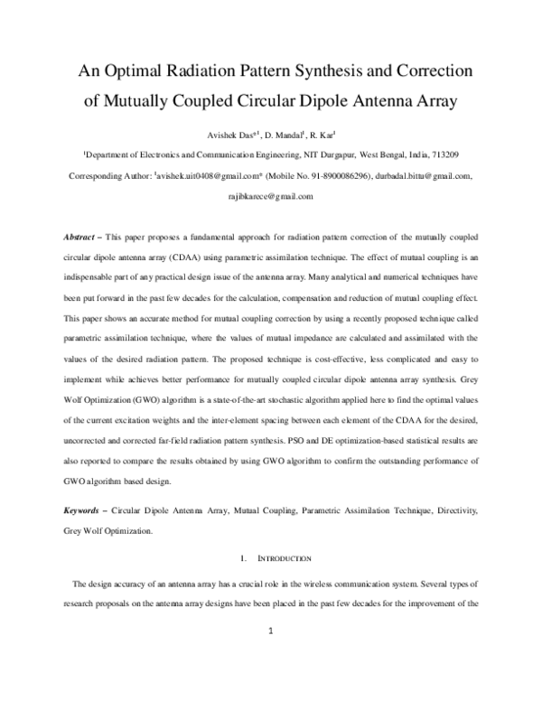 (PDF) An Optimal Radiation Pattern Synthesis and Correction of Mutually Coupled Circular Dipole ...