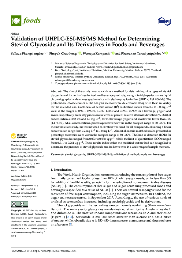 (PDF) Validation of UHPLC-ESI-MS/MS Method for Determining Steviol Glycoside and Its Derivatives ...