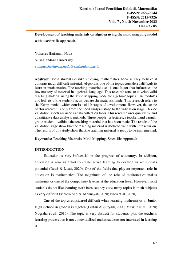 (PDF) Development of teaching materials on algebra using the mind mapping model with a ...