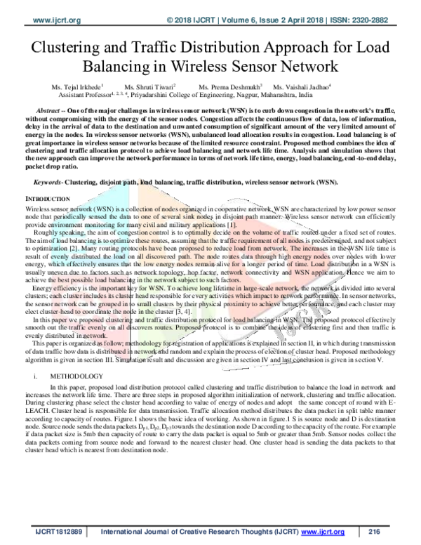 (PDF) Clustering and Traffic Distribution Approach for Load Balancing in Wireless Sensor Network