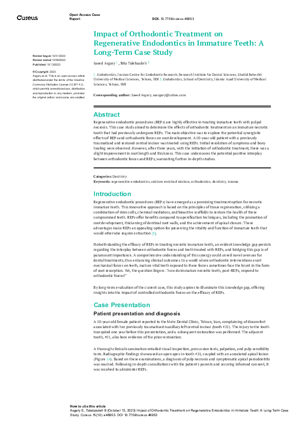 (PDF) Impact of Orthodontic Treatment on Regenerative Endodontics in ...