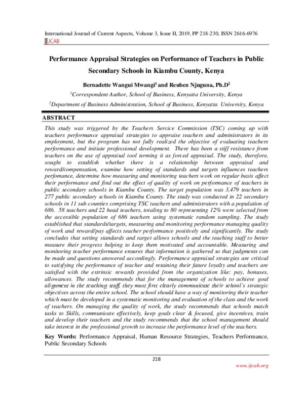 (PDF) Performance Appraisal Strategies on Performance of Teachers in Public Secondary Schools in ...