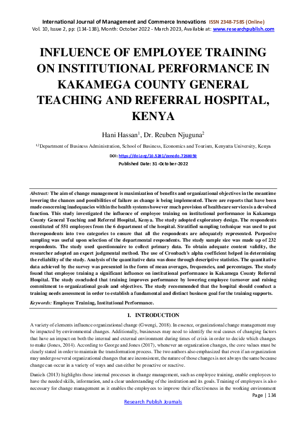 (PDF) Influence of Employee Training on Institutional Performance in ...
