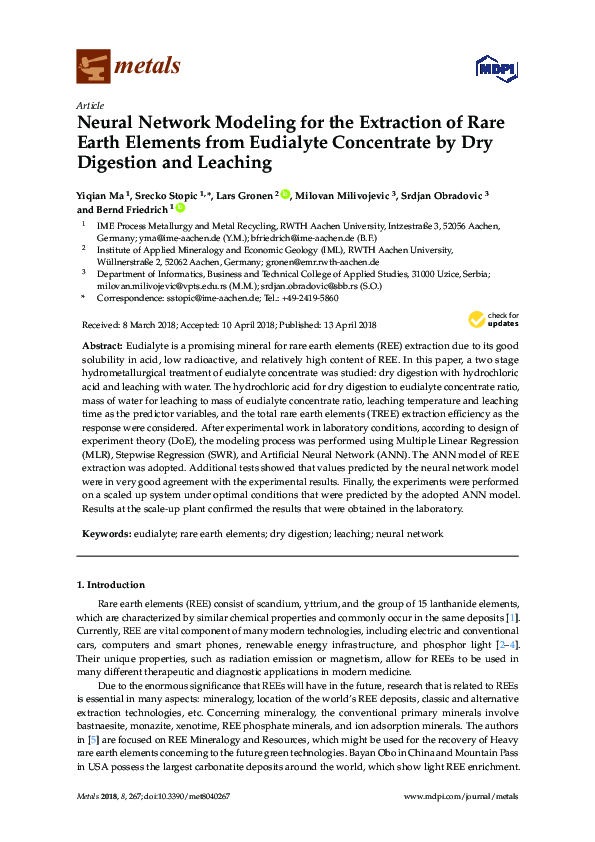 (PDF) Neural Network Modeling for the Extraction of Rare Earth Elements from Eudialyte ...