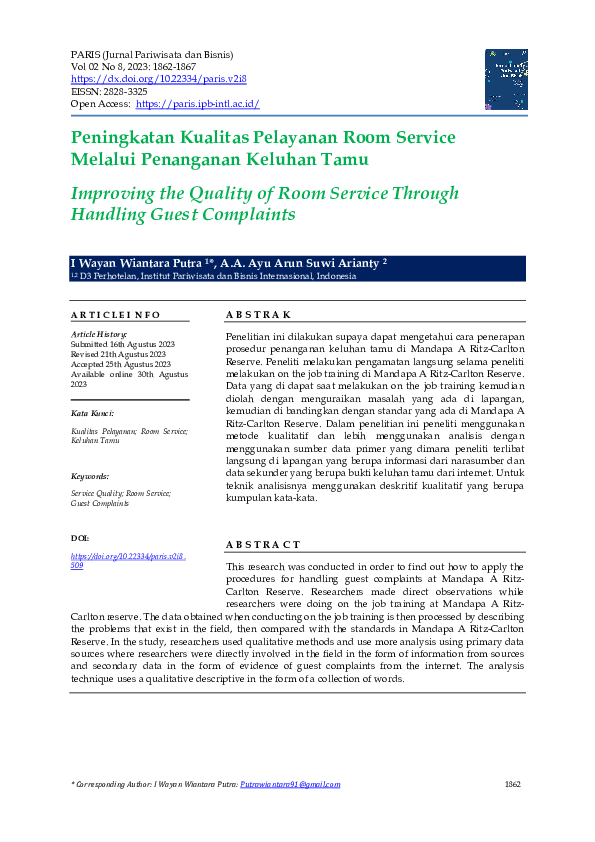 (PDF) Peningkatan Kualitas Pelayanan Room Service Melalui Penanganan Keluhan Tamu