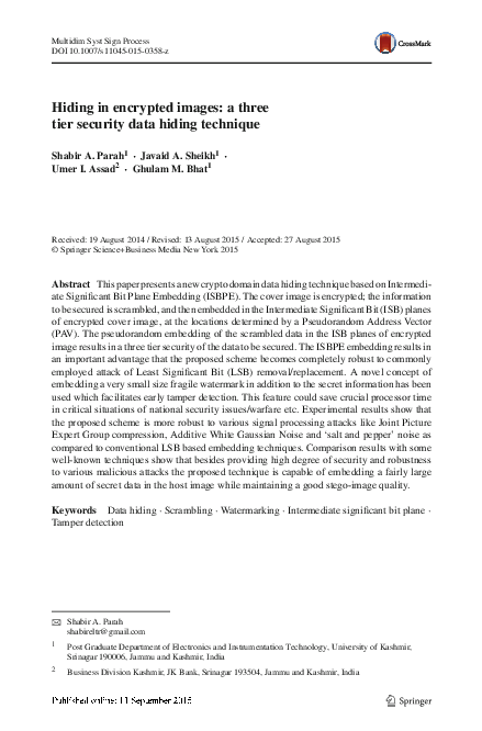 (PDF) Hiding in encrypted images: a three tier security data hiding technique | Javaid A. Sheikh ...