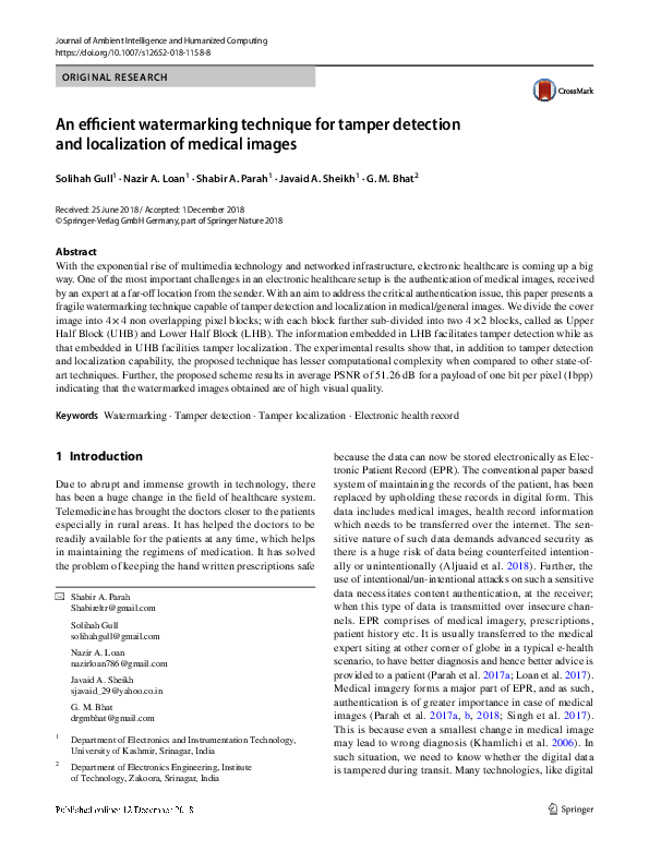 Pdf An Efficient Watermarking Technique For Tamper Detection And Localization Of Medical Images