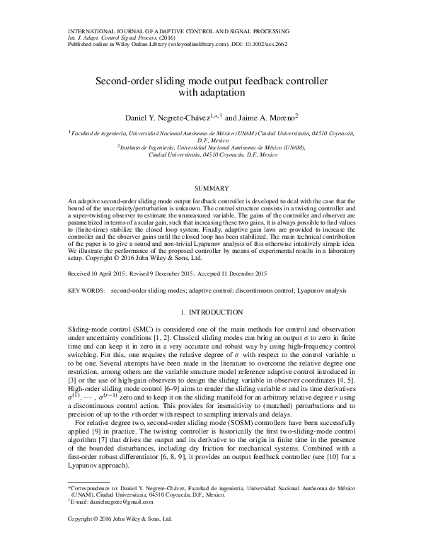 (PDF) Second order sliding mode output feedback control with switching gains—Application to the ...