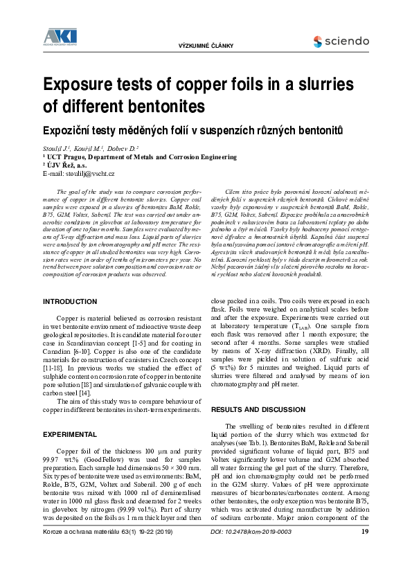(PDF) Exposure tests of copper foils in a slurries of different bentonites