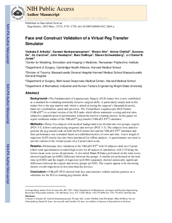 (PDF) Face and construct validation of a virtual peg transfer simulator