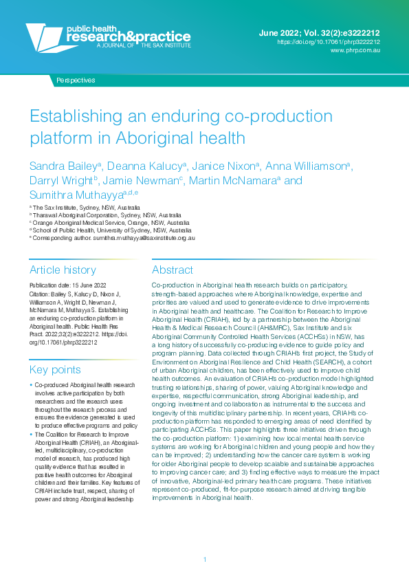 (PDF) Establishing an enduring co-production platform in Aboriginal health