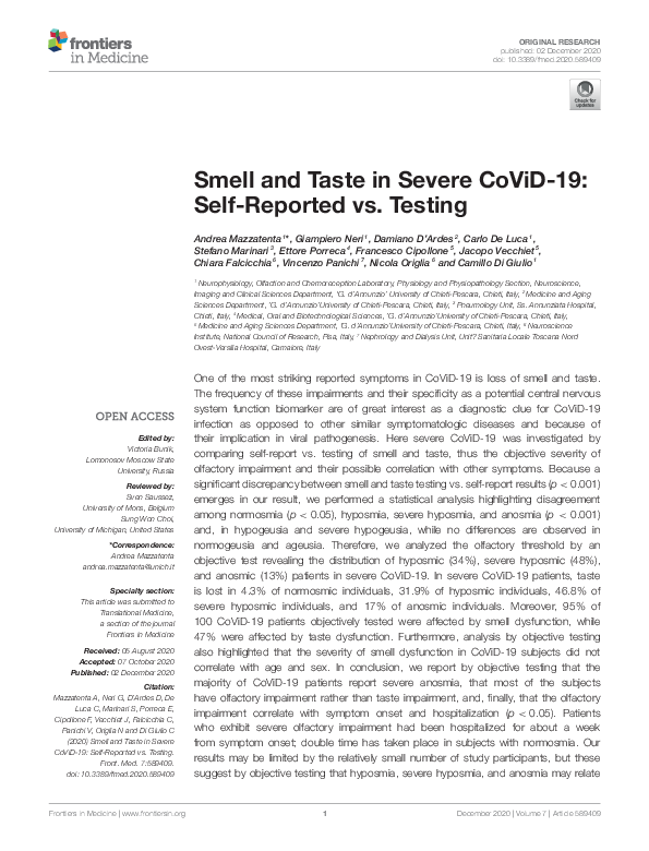 (PDF) Smell and Taste in Severe CoViD-19: Self-Reported vs. Testing