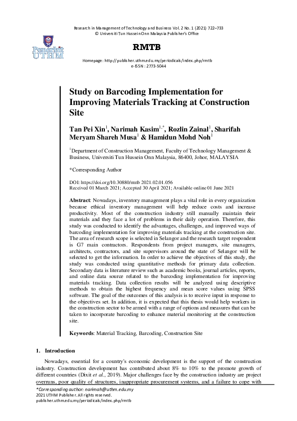 (PDF) Study on Barcoding Implementation for Improving Materials Tracking at Construction Site