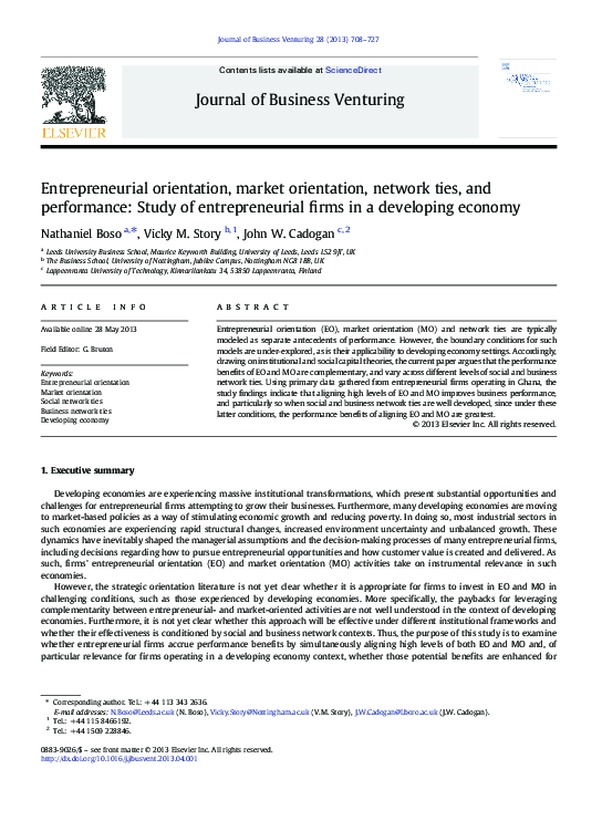 (PDF) Entrepreneurial orientation, market orientation, network ties, and performance: Study of ...