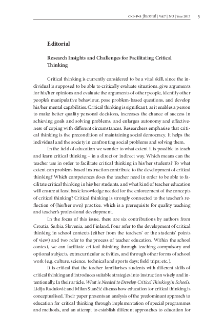 (PDF) Research insights and challenges for facilitating critical thinking