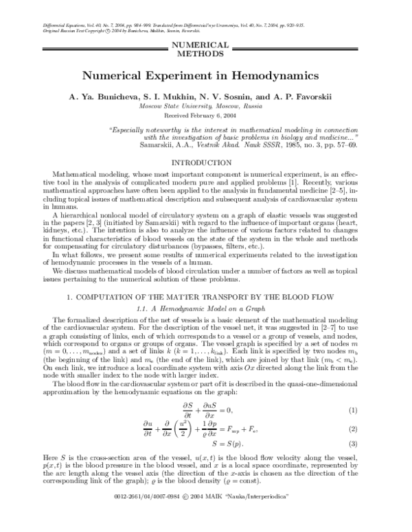 (PDF) Numerical Experiment in Hemodynamics