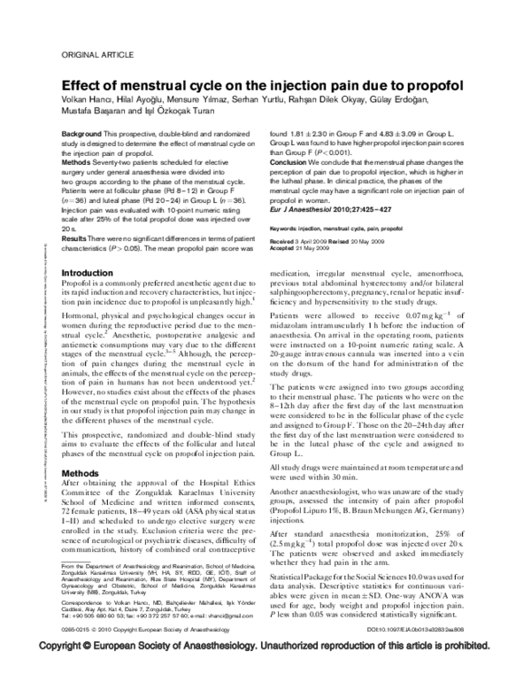 (PDF) Effect of menstrual cycle on the injection pain due to propofol