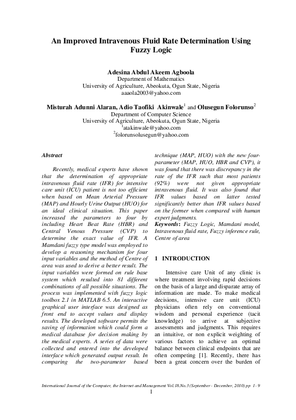 (PDF) An Improved Intravenous Fluid Rate Determination Using Fuzzy Logic