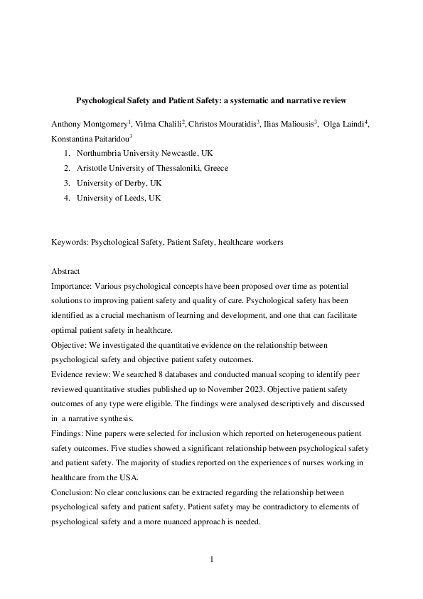 (PDF) Psychological Safety and Patient Safety: a systematic and ...