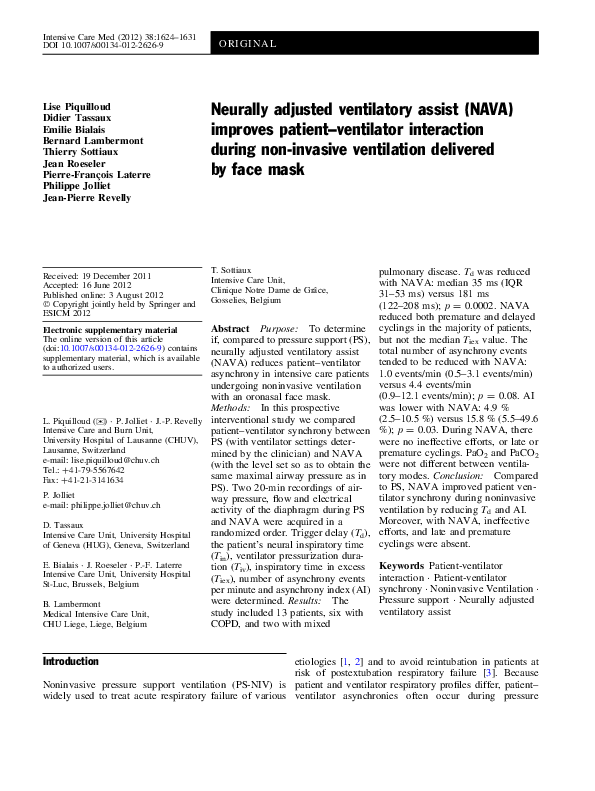 (PDF) Neurally adjusted ventilatory assist (NAVA) improves patient ...