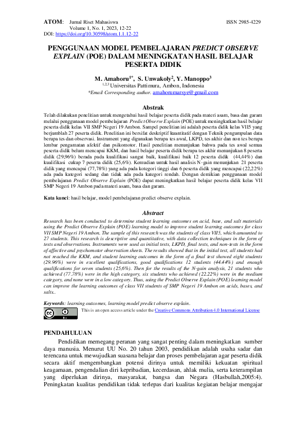 (PDF) Penggunaan Model Pembelajaran Predict Observe Explain (Poe) Dalam Meningkatan Hasil ...