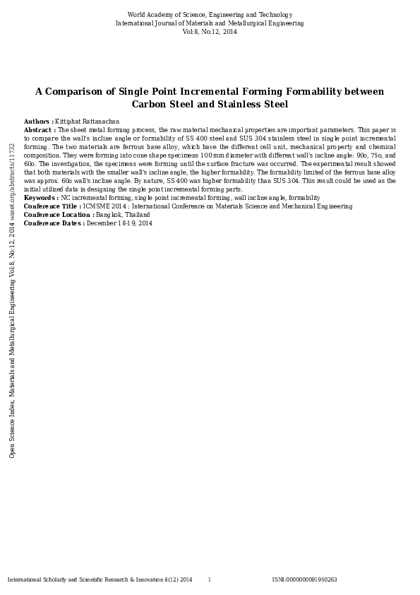 (PDF) A Comparison of Single Point Incremental Forming Formability between Carbon Steel and ...