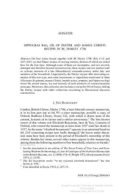 (PDF) Hippocras Bag, Oil of Exeter and Manus Christi: Recipes in BL ...