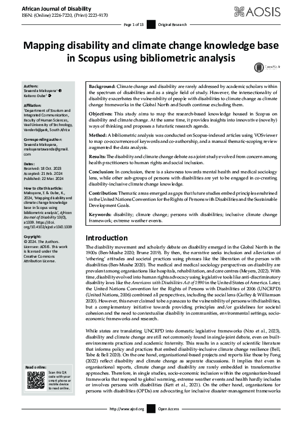 (PDF) Mapping disability and climate change knowledge base in Scopus using bibliometric analysis