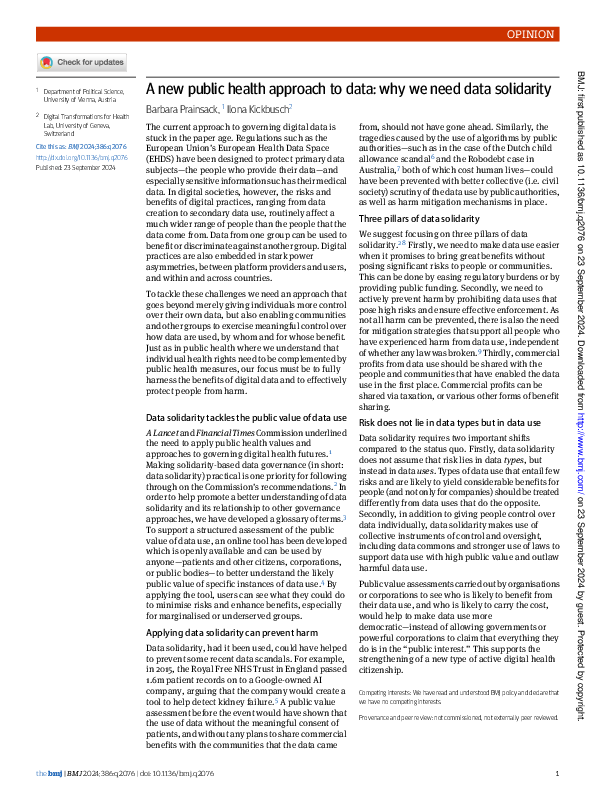 (PDF) A new public health approach to data: why we need data solidarity