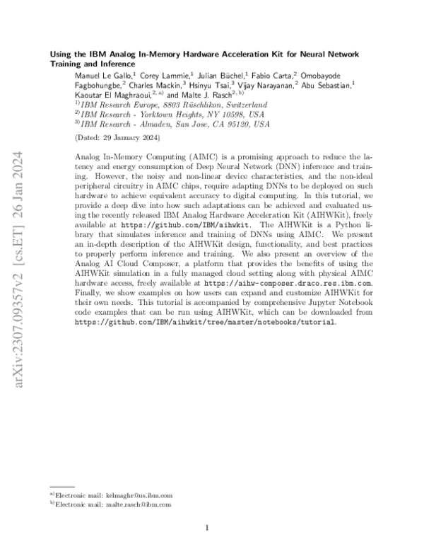 (PDF) Using the IBM Analog In-Memory Hardware Acceleration Kit for Neural Network Training and ...