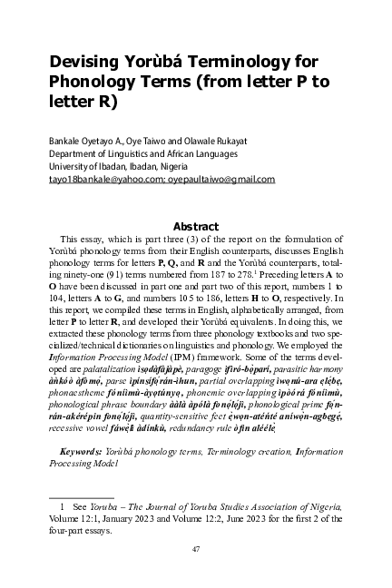 (PDF) Devising Yorùbá Terminology for Phonology Terms (from letter P to ...