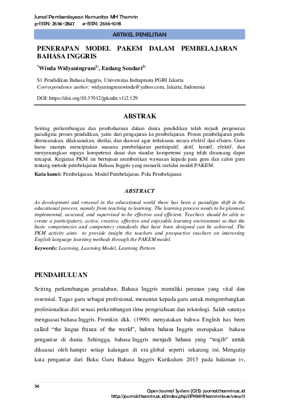 (PDF) Penerapan Model PAKEM Dalam Pembelajaran Bahasa Inggris