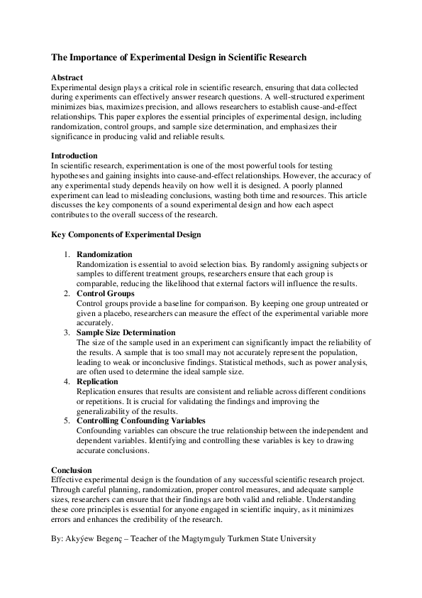 (PDF) The Importance of Experimental Design in Scientific Research